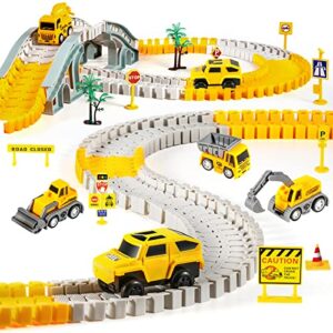 kizplays 260 pcs construction race tracks for kids toys, 2 electric cars, 4 construction cars, 1 map & flexible diy track set, engineering gifts for 3 4 5 6 year old boys girls