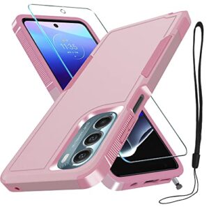 motorola moto g stylus 5g 2022 case with tempered glass screen protector,heavy duty rugged shockproof full body protective phone cover,cute pink