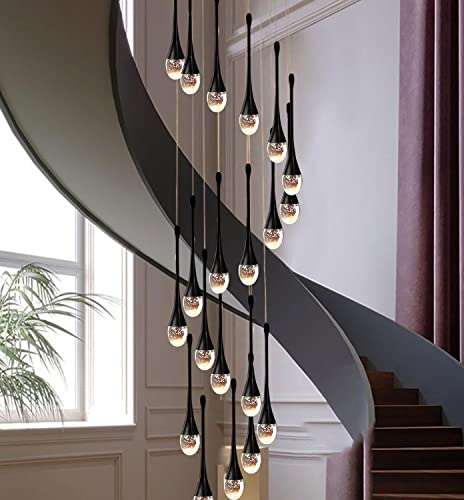 ykolupty 138'' High Black 20Lights Spiral Staircase Pendant Chandelier Lampara de Living Room Ceiling Crystal Chandeliers Foyer Entrance Crystal Chandelier Raindrops Bubble LED 2700-6000K Dimmable