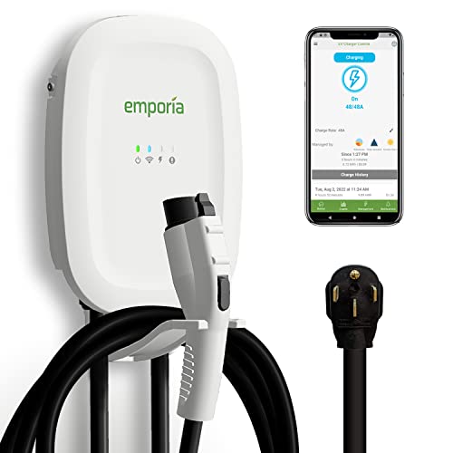 EMPORIA EV Charger Level 2, 48 amp Indoor/Outdoor Electric Car Charger, NEMA 14-50 EV Charger Plug or Hardwired, UL/Energy Star WiFi Enabled EVSE Level 2 Charger, 24ft Cable - 240v Level 2 EV Charger