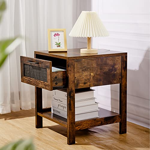 Graficial Nightstand,Small Rattan Bedside Table, 1 Drawer Storage and Open Shelf Side Table for Bedroom,Living Room,Entryway,Rustic Brown