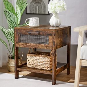 Graficial Nightstand,Small Rattan Bedside Table, 1 Drawer Storage and Open Shelf Side Table for Bedroom,Living Room,Entryway,Rustic Brown