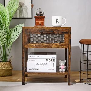 Graficial Nightstand,Small Rattan Bedside Table, 1 Drawer Storage and Open Shelf Side Table for Bedroom,Living Room,Entryway,Rustic Brown