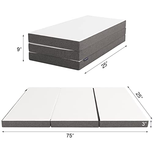 Molblly Folding Mattress, 3 inch Tri Folding Memeory Foam Mattress, Portable Trifold Mattress Topper with Washable Cover, Non-Slip Bottom Camping Mattress Guest Bed, Small Twin - 75"x25"x3"