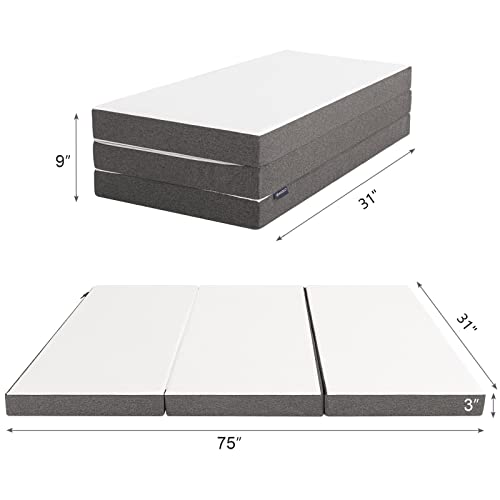 Molblly Mattress, 3 inch Narrow Twin Size Tri Folding Memory Form Portable Trifold Mattress Topper with Washable Cover, Non-Slip Bottom Camping Mattress Guest Bed - 75"x31"x3"