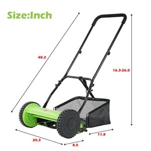 15-Inch Lawn Mowers Push Mower Reel Mower Push, Adjustable Cutting Height with Grass Catcher 5 Steel Blades Easy to Use for a Green Healthy Lawn