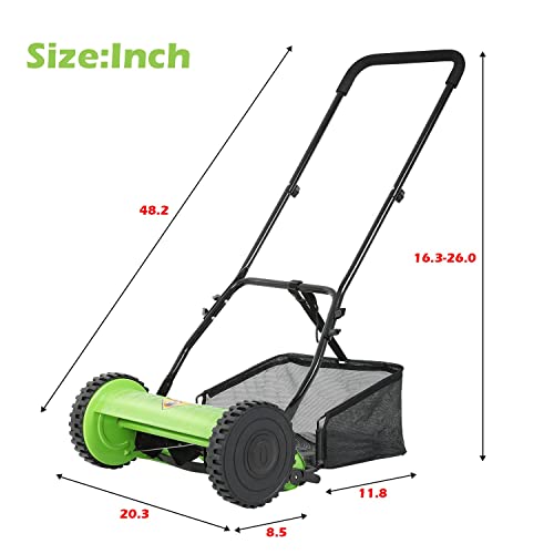 15-Inch Lawn Mowers Push Mower Reel Mower Push, Adjustable Cutting Height with Grass Catcher 5 Steel Blades Easy to Use for a Green Healthy Lawn