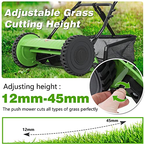 15-Inch Lawn Mowers Push Mower Reel Mower Push, Adjustable Cutting Height with Grass Catcher 5 Steel Blades Easy to Use for a Green Healthy Lawn