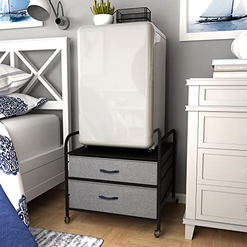 DHMAKER Mini Fridge Stand with Storage, 2 Drawer Fridge Organizer with Metal Frame, Over Refrigerator Stand with 4 Swivel Wheels, Microwave Fridge Cart for Doorm Kitchen