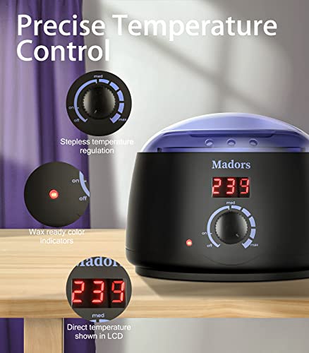 Madors Waxing Kit with LCD Digital Display Temperature Control, Wax Warmer with 5 Pack (3.5 oz. each) Hard Wax Beads for Full Body