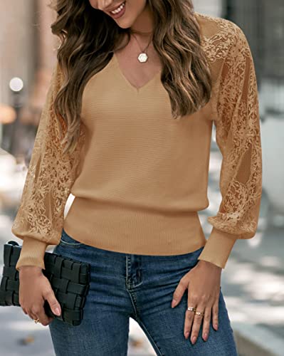 MEROKEETY Women's V Neck Lace Long Sleeve Ribbed Knit Sweater Solid Color Pullover Tops