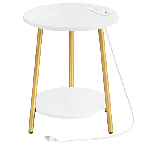 HOOBRO Round End Table with Charging Station, 2-Tier Small Side Table, Circle Accent Table for Living Room, Bedroom, White and Gold DW671BZ01