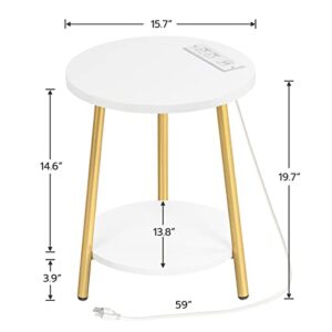 HOOBRO Round End Table with Charging Station, 2-Tier Small Side Table, Circle Accent Table for Living Room, Bedroom, White and Gold DW671BZ01