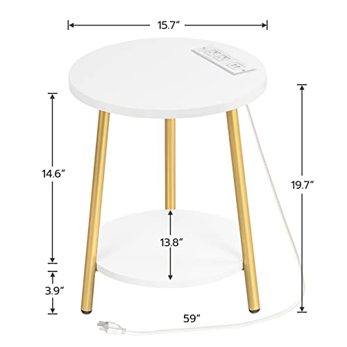 HOOBRO Round End Table with Charging Station, 2-Tier Small Side Table, Circle Accent Table for Living Room, Bedroom, White and Gold DW671BZ01