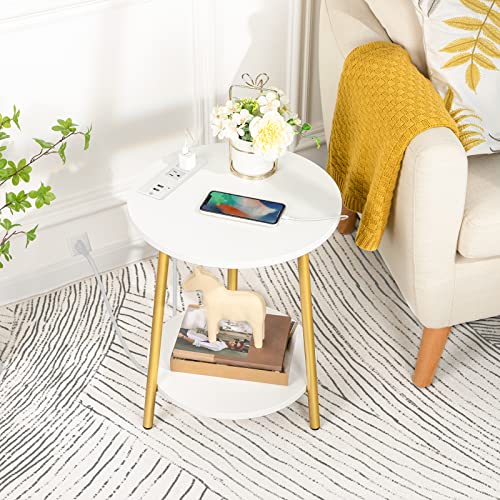 HOOBRO Round End Table with Charging Station, 2-Tier Small Side Table, Circle Accent Table for Living Room, Bedroom, White and Gold DW671BZ01