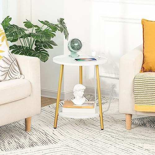 HOOBRO Round End Table with Charging Station, 2-Tier Small Side Table, Circle Accent Table for Living Room, Bedroom, White and Gold DW671BZ01