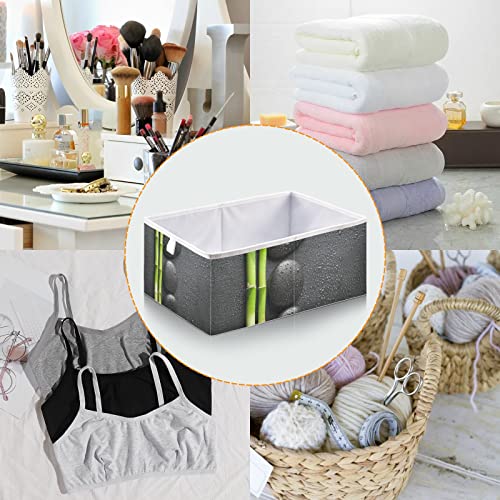 Poeticcity Black Zen Basalt Stones with Dew Green Bamboo on Dark Square Storage Basket Bin, Collapsible Storage Box, Foldable Nursery Baskets Organizer for Toy, Clothes Easy to Assemble