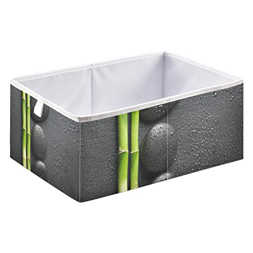 Poeticcity Black Zen Basalt Stones with Dew Green Bamboo on Dark Square Storage Basket Bin, Collapsible Storage Box, Foldable Nursery Baskets Organizer for Toy, Clothes Easy to Assemble