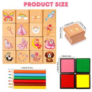 Zayvor Kids Stamps Set, Girls Wooden Rubber Stamp with Ink Pad Colored Pencil, Holiday Square Craft Stamp for Stamping Scrapbooking Crafting Booking Card Making Stocking Filler,Party Favor Gift