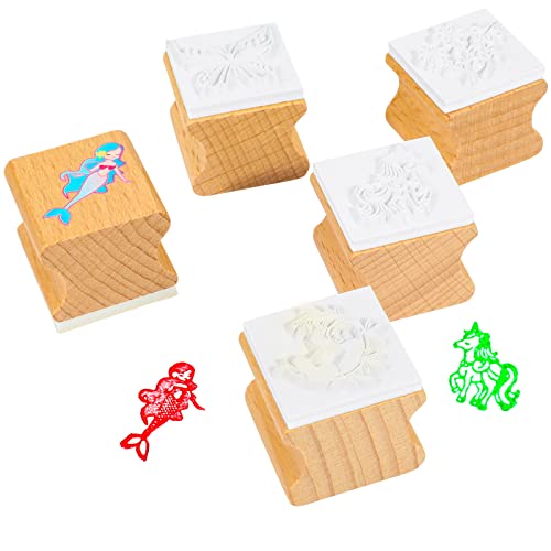 Zayvor Kids Stamps Set, Girls Wooden Rubber Stamp with Ink Pad Colored Pencil, Holiday Square Craft Stamp for Stamping Scrapbooking Crafting Booking Card Making Stocking Filler,Party Favor Gift