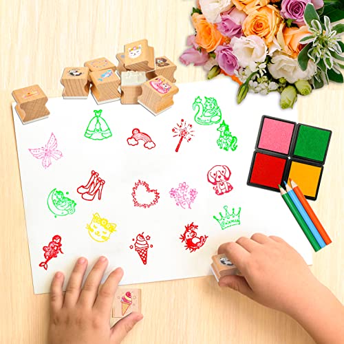 Zayvor Kids Stamps Set, Girls Wooden Rubber Stamp with Ink Pad Colored Pencil, Holiday Square Craft Stamp for Stamping Scrapbooking Crafting Booking Card Making Stocking Filler,Party Favor Gift