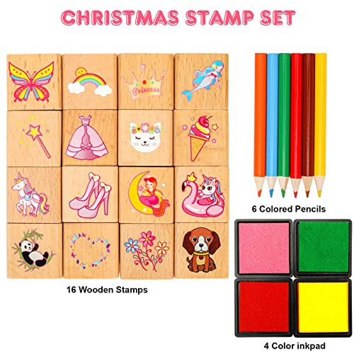 Zayvor Kids Stamps Set, Girls Wooden Rubber Stamp with Ink Pad Colored Pencil, Holiday Square Craft Stamp for Stamping Scrapbooking Crafting Booking Card Making Stocking Filler,Party Favor Gift