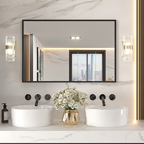 LOAAO 40"X32" Black Rectangle Bathroom Mirror Wall, Matte Black Aluminum Alloy Frame, Tempered Glass, Hangs Vertically or Horizontally, Easy to Install