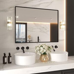 LOAAO 40"X32" Black Rectangle Bathroom Mirror Wall, Matte Black Aluminum Alloy Frame, Tempered Glass, Hangs Vertically or Horizontally, Easy to Install