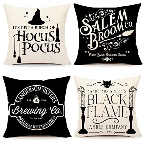 Halloween Decor Pillow Covers 18x18 Set of 4 Halloween Decorations Hocus Pocus Farmhouse Saying White Black Outdoor Fall Pillows Decorative Throw Cushion Case for Home Couch TH118-18