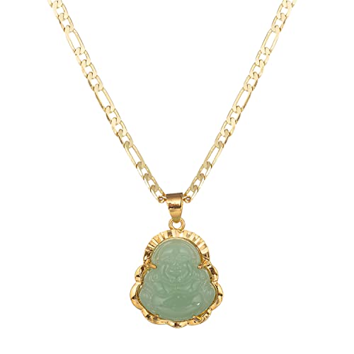 kelistom 14K Gold Plated Buddha Pendant Necklace for Women Men 3MM Flat Figaro Chain Necklace Blue Green Pink White Yellow Buddha Head