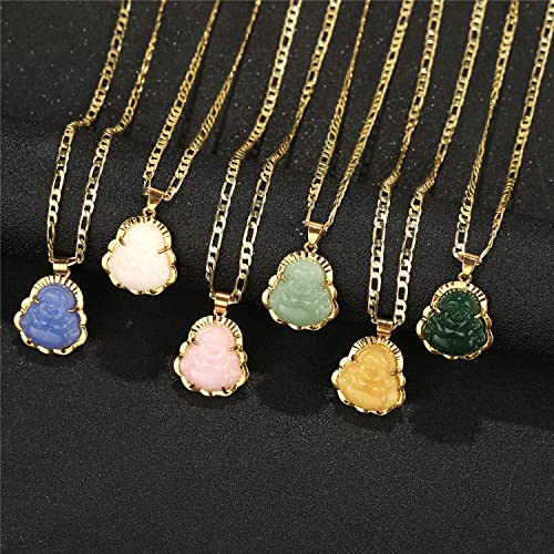 kelistom 14K Gold Plated Buddha Pendant Necklace for Women Men 3MM Flat Figaro Chain Necklace Blue Green Pink White Yellow Buddha Head