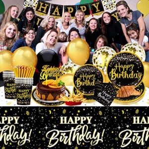 black and gold birthday party decorations - (Total 169pcs) happy birthday Supplies for women and men, Balloons,tablecloth,Foil Backdrops,Plates,Cups,Photo Props,Sash,Tableware for 24 Guests