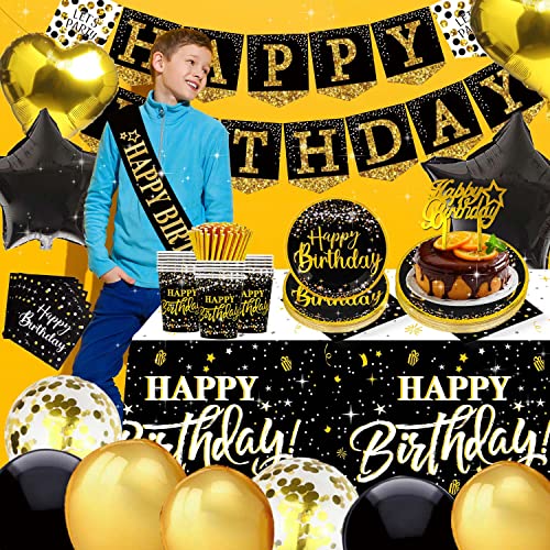 black and gold birthday party decorations - (Total 169pcs) happy birthday Supplies for women and men, Balloons,tablecloth,Foil Backdrops,Plates,Cups,Photo Props,Sash,Tableware for 24 Guests