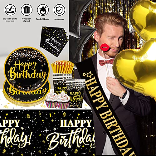 black and gold birthday party decorations - (Total 169pcs) happy birthday Supplies for women and men, Balloons,tablecloth,Foil Backdrops,Plates,Cups,Photo Props,Sash,Tableware for 24 Guests