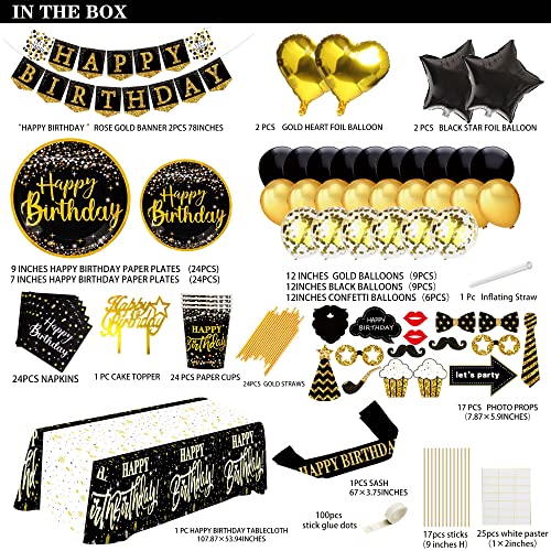 black and gold birthday party decorations - (Total 169pcs) happy birthday Supplies for women and men, Balloons,tablecloth,Foil Backdrops,Plates,Cups,Photo Props,Sash,Tableware for 24 Guests