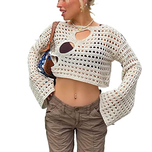 Women's Crochet Knit Crop Top Pullover Sweater Long Sleeve Hollow Out Square Neck Y2k Shirt Summer Streetwear