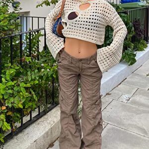 Women's Crochet Knit Crop Top Pullover Sweater Long Sleeve Hollow Out Square Neck Y2k Shirt Summer Streetwear