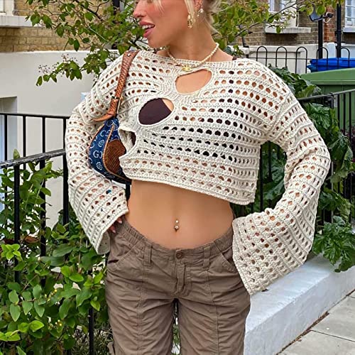 Women's Crochet Knit Crop Top Pullover Sweater Long Sleeve Hollow Out Square Neck Y2k Shirt Summer Streetwear