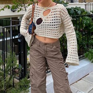 Women's Crochet Knit Crop Top Pullover Sweater Long Sleeve Hollow Out Square Neck Y2k Shirt Summer Streetwear