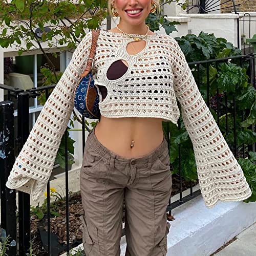 Women's Crochet Knit Crop Top Pullover Sweater Long Sleeve Hollow Out Square Neck Y2k Shirt Summer Streetwear