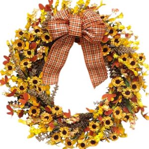 bibelot 20 inch fall wreath yellow with green leaves wreath yellow daisy artificial grains yellow flower wreath for front door wreath,farmhouse decor indoor&outdoor wedding wall home decor