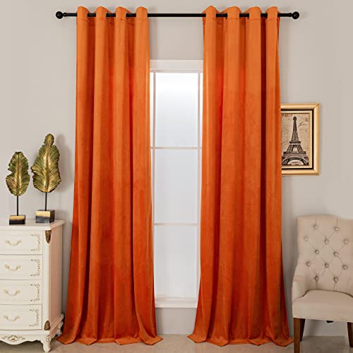 Luxury Orange Velvet Curtains 96 inches Blackout Rustic Curtain Privacy Protect, Thermal Insulated Window Drapery with Stainless Steel Grommets for Bedroom Dining Room, Orange, W52 x L96, 2 Panels