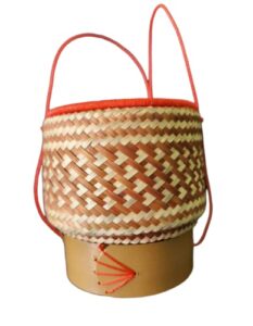 bamboo sticky rice serving basket handmade kra-tip thai laos traditional weave wickerwork with vegetable based dye travel picnic keeping after steaming keep warm, multicolored, 5x3.5x5.2''