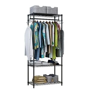 xiofio 3 tiers heavy duty clothing rack, metal garment rack coat rack, clothes rack with 2 side hooks,hanging adjustable garment rack for bedroom living room laundry room balcony garden,black