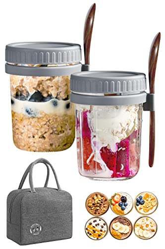 Overnight Oats Containers with Lids - 2pack Updated Design 10 oz Wide Mouth Mason Jar with Spoon Very Convenient for Use On The Go, Tight sealing glass jar ideal for home, office or to go