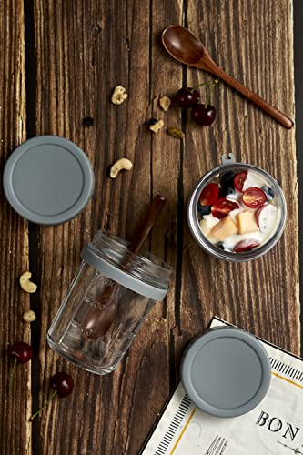 Overnight Oats Containers with Lids - 2pack Updated Design 10 oz Wide Mouth Mason Jar with Spoon Very Convenient for Use On The Go, Tight sealing glass jar ideal for home, office or to go