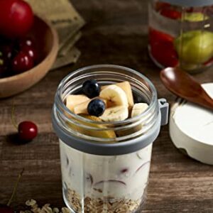 Overnight Oats Containers with Lids - 2pack Updated Design 10 oz Wide Mouth Mason Jar with Spoon Very Convenient for Use On The Go, Tight sealing glass jar ideal for home, office or to go