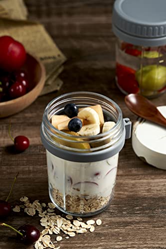 Overnight Oats Containers with Lids - 2pack Updated Design 10 oz Wide Mouth Mason Jar with Spoon Very Convenient for Use On The Go, Tight sealing glass jar ideal for home, office or to go