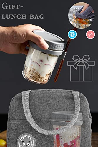 Overnight Oats Containers with Lids - 2pack Updated Design 10 oz Wide Mouth Mason Jar with Spoon Very Convenient for Use On The Go, Tight sealing glass jar ideal for home, office or to go