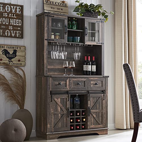 OKD Farmhouse Bar Cabinet with Sliding Barn Door, 72" Rustic Buffet with Hutch with Wine and Glasses Rack, 3 Drawers, Storage Shelves, Sideboard Cupboard for Kitchen, Dining Room, Dark Rustic Oak